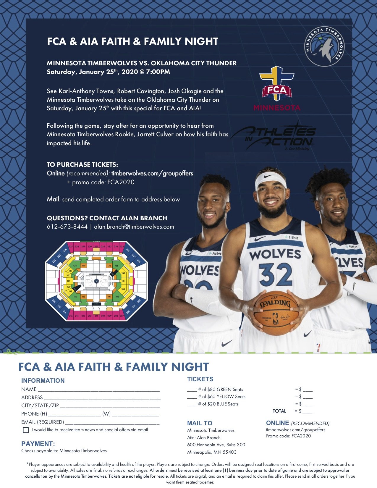 Join FCA, AIA and the Timberwolves for Faith & Family Night!